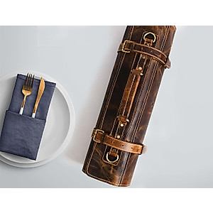 Aaron Leather Goods Vendimia Estilo Leather Knife Roll Storage Bag, Elastic and Expandable 10 Pockets, Adjustable/Detachable Shoulder Strap, Travel-Friendly Chef Knife Case Roll (Caramel, Leather)