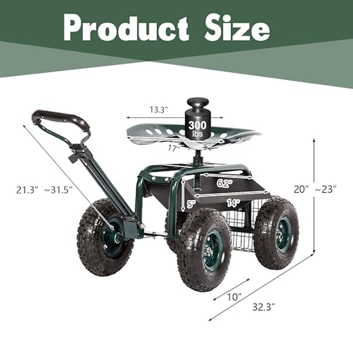 Kinsuite Rolling Utility Garden Cart Patio Wagon with Adjustable 360 Degree Swivel Seat Heavy Duty Steel Frame