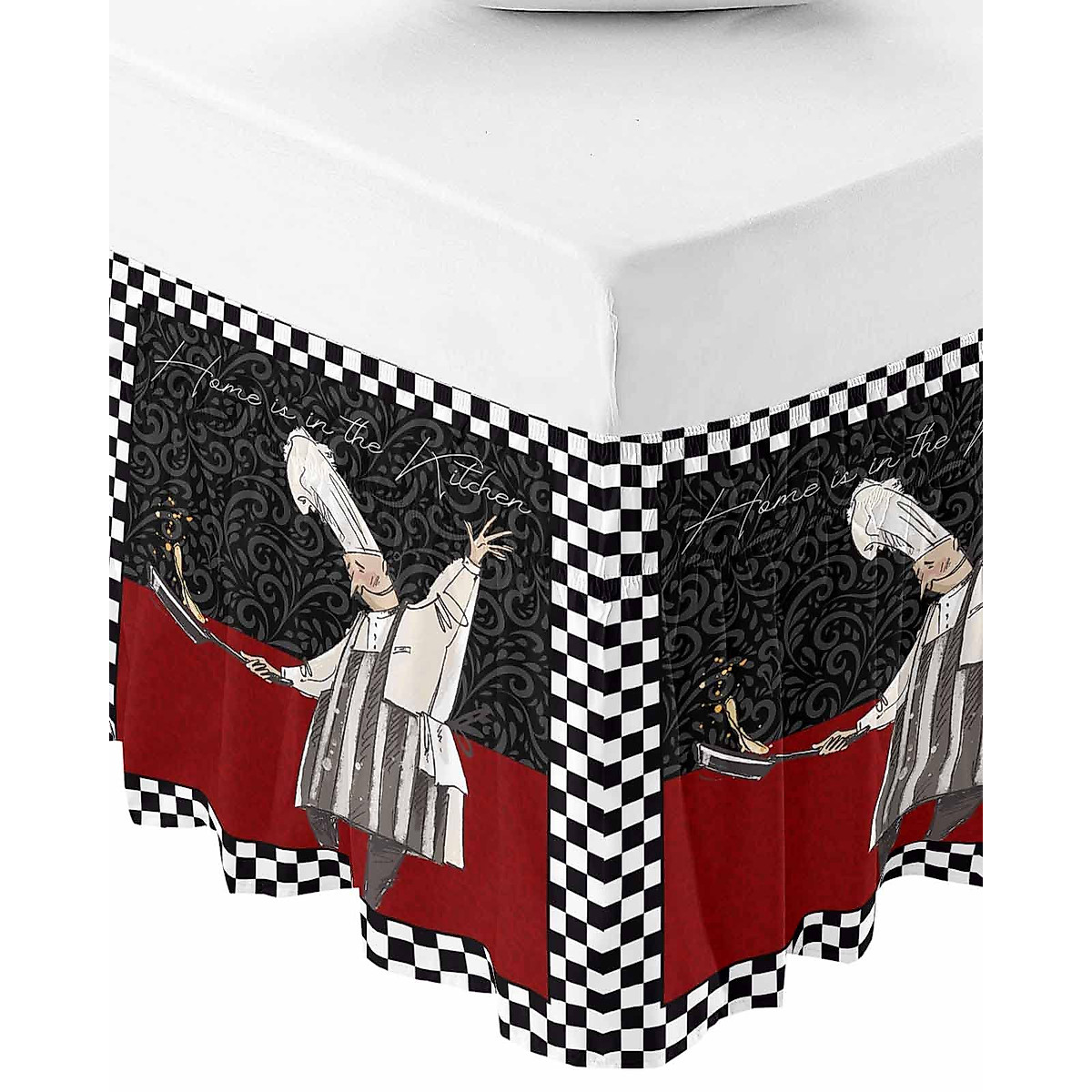 Retro Ches Bed Skirt King Size 16 Inch Drop, Adjustable & Elastic Wrap Around Bed Skirts Pleated Luxury Dust Ruffles for Twin Full Queen Cal King Base Bed, Black White Checkered Flowers Red