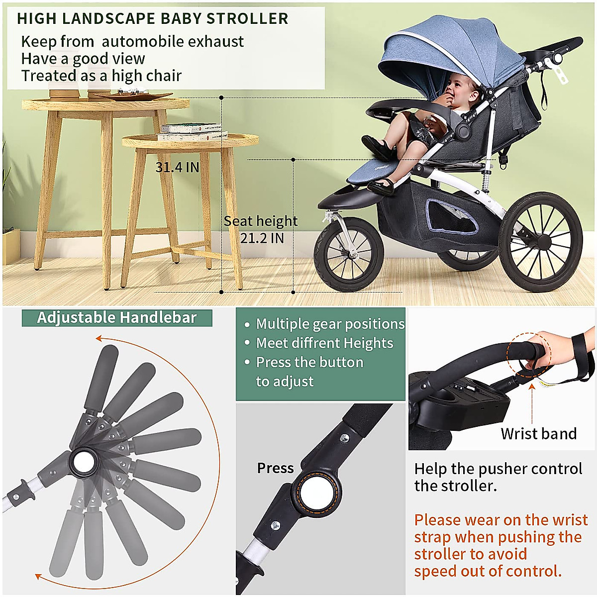 Baby Jogging Stroller for Toddler Kids Compact Single City Jogger Strollers All Terrain Jog 3 Wheels Pushchair Expedition with Parent Console (Blue)