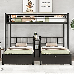 Full XL Over Twin Over Twin Bunk Bed for 3 Kids, Heavy Duty Triple Bunk Bed with Storage Drawers, Shelf, Guardrails and Ladder, Full XL Over Twin Over Twin Triple Bunk for Kids, Teens, Black