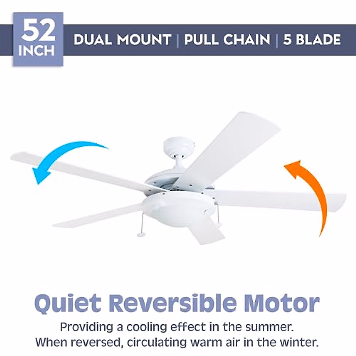 Prominence Home Bolivar, 52 Inch Modern LED Ceiling Fan with Light, Pull Chain, Dual Mounting Options, Dual Finish Blades, Reversible Motor - 80101-01 (White)