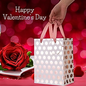 UNIQOOO 12PCS Christmas Metallic Rose Gold Gift Bags Bulk with Tag, Medium 9x7 Inch, Modern Pink Polka Dots Foil Paper Wrap Bags, for Wedding, Birthday, Valentine's Day, Mother's Day Gift Packaging Décor Party Favor