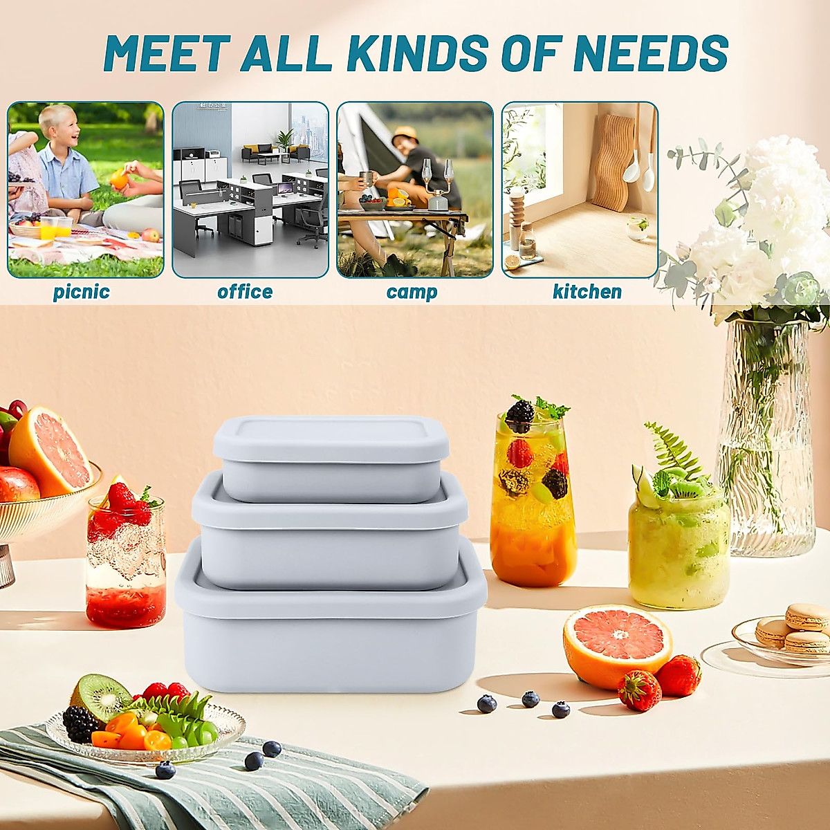 LeonBach Silicone Food Storage Containers, Set of 3 Rectangular Silicone Bento Lunch Boxes with Lids, Leak Proof, Dishwasher, Microwave, Freezer Safe (10oz, 24oz, 44oz)