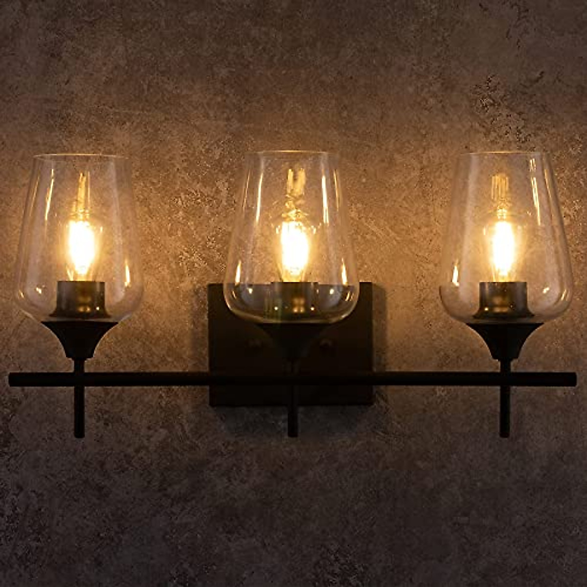 VONLUCE 3-Light Vanity Light in Matt Black Finish, Vintage Farmhouse Mirror Lights with Clear Glass Shade, Modern Industrial Wall Sconce for Bathroom, Bedroom, Hallway, Makeup Dressing Table
