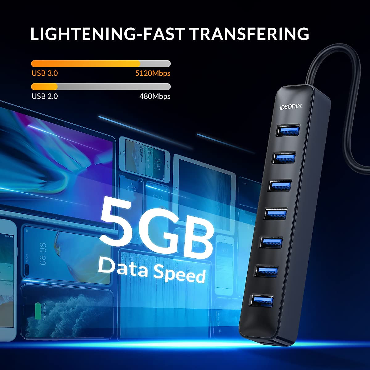 USB Hub, iDsonix USB Splitter Hub 7 Ports Portable Hub USB Hub Multi Port USB Expansion Hub Extension Extender for Laptop, iMac, Surface Pro, XPS, USB Flash Drives, Mobile HDD, Printer, Camera, etc