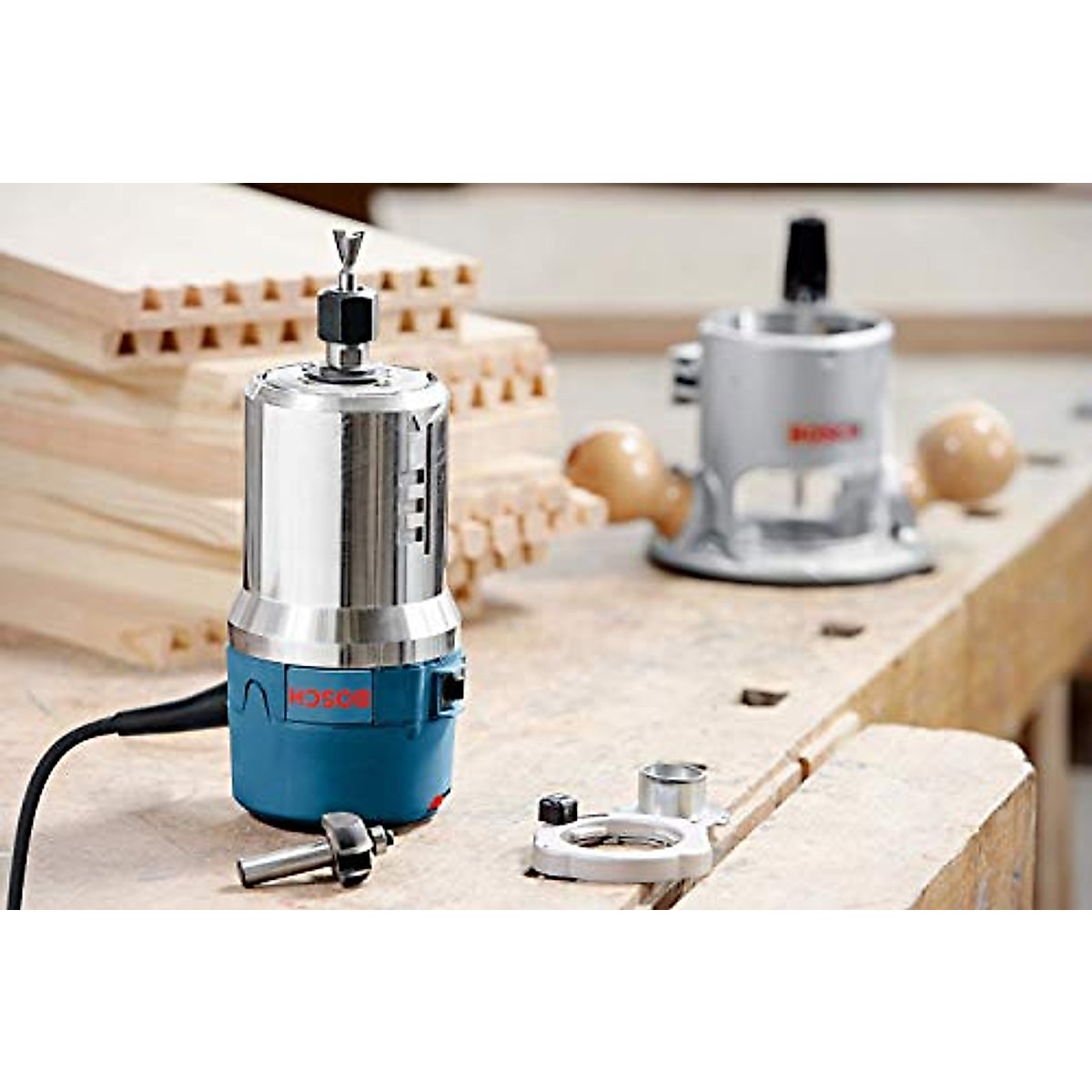 BOSCH 1617EVSPK Wood 12 Amp Router Tool Combo Kit - 2.25 Horsepower Plunge Router & Fixed Base with a Variable Speed Motor