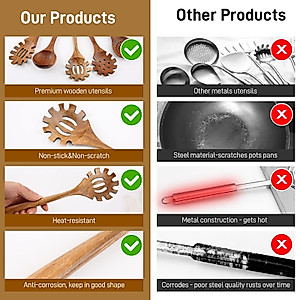 Wooden Pasta Fork, Spaghetti Spoon, Noodle Spaghetti Spoon Server,Wooden Strainer Slotted Spoon, Teak Wood Skimmer Spoons, Handmade Colander Spoons