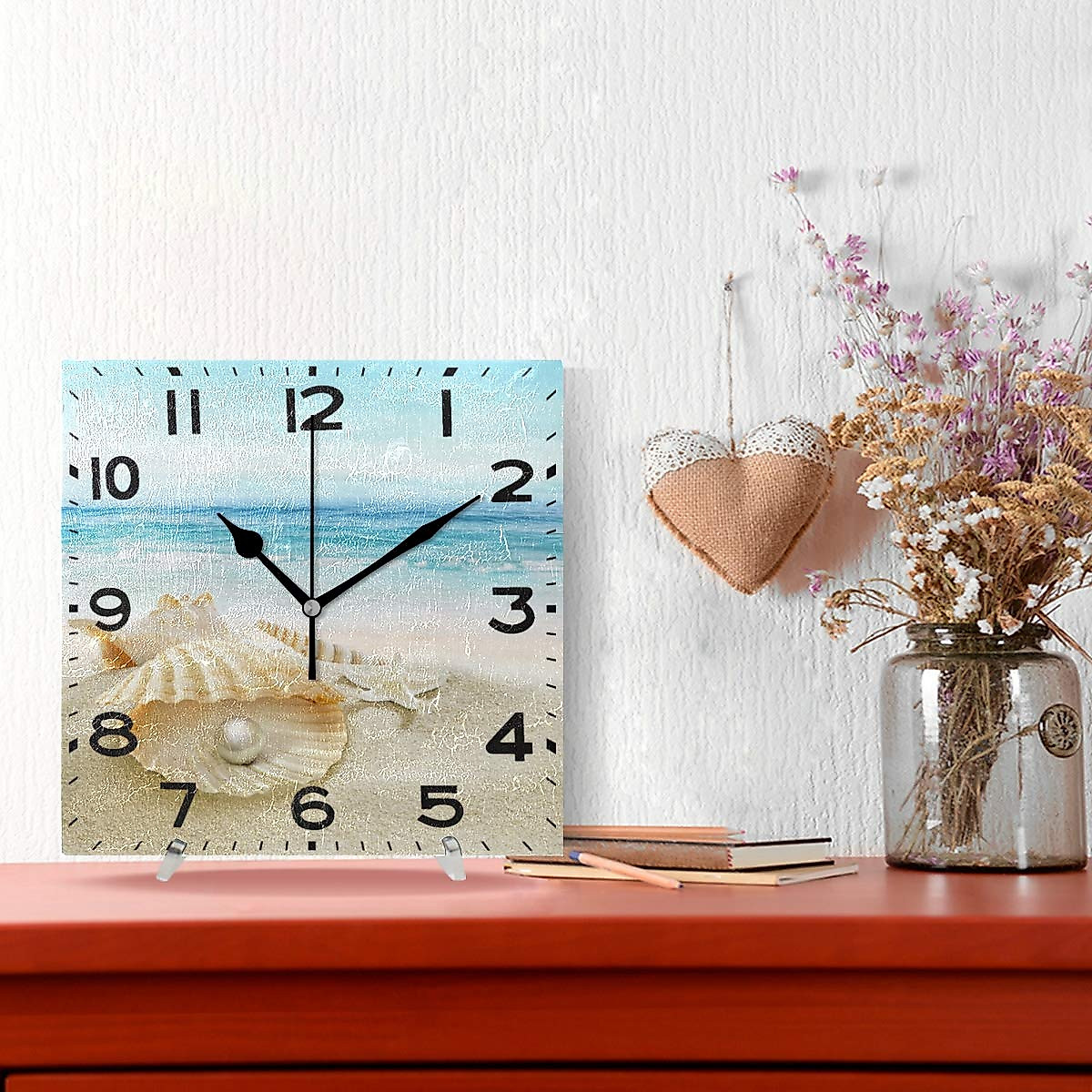 Naanle 3D Stylish Beautiful Summer Beach Seashell with Big Pearl Print Square Wall Clock Decorative, 8 Inch Battery Operated Quartz Analog Quiet Desk Clock for Home,Office,School