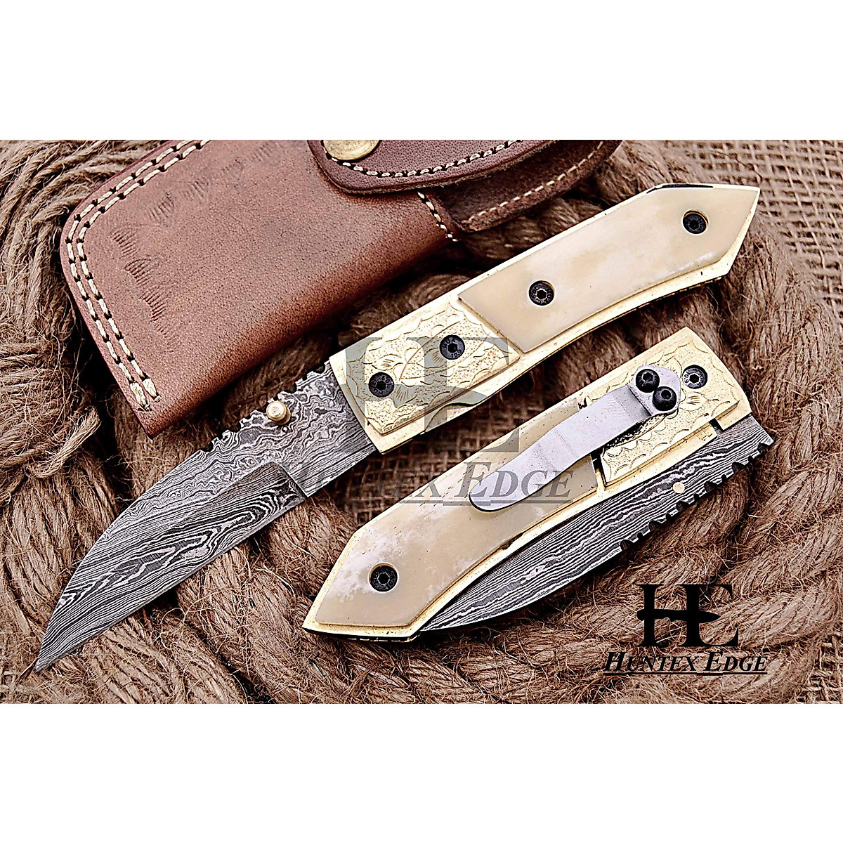 HUNTEX Custom Handmade Hand-Forged Twist Pattern Damascus Steel 4 Inch Long Natural Camel Bone Handle Razor Sharp Camp Hunting Folding Pocket Sheepsfoot Knife with Pocket Clip & Genuine Leather Pouch