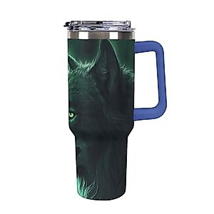 LLUTSNTH 40 Oz Vacuum Tumbler with Deep Blue Handle Leakproof Insulated Tumbler Green Wolf Stainless Steel Travel Mug with Lid And Straw Coffee Cup Cute Water Bottles Cup Holder Friendly