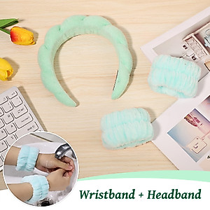 Sponge Spa Headband for Women, Green Makeup Headband and Wrist Washband Set for Face Washing, Skincare, Shower, Makeup Removal