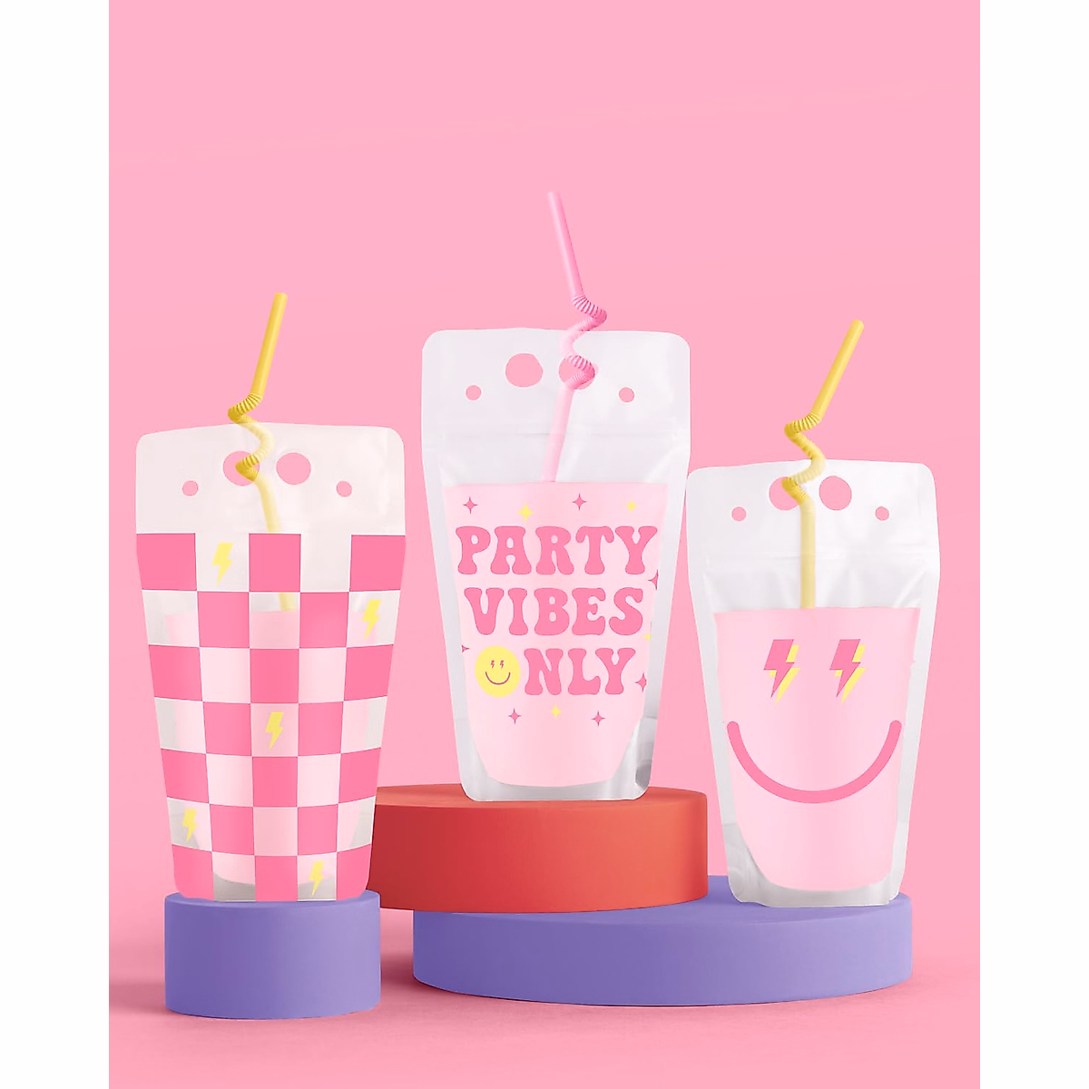 xo, Fetti Preppy Party Birthday Drink Pouches - 15 count | Cute Birthday Party Cups, Smiley Party Decorations, y2k Bachelorette Party Supplies, Cool Drinkware, Pink Favors