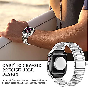 MioHHR Stainless Steel Band and Case Compatible with Apple Watch Band 44mm, Men Rugged Metal Strap and Protective Bumper Cover for iWatch Series SE 6 5 4 (Sliver,44mm)