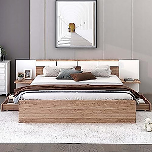 OTRIEK Queen Size Bed Frame with Headboard & Shelves, Modern Platform Bed with USB Ports & Sockets, No Box Spring Needed for Boys Girls Bedroom, Easy Assembly (Natural, Queen)