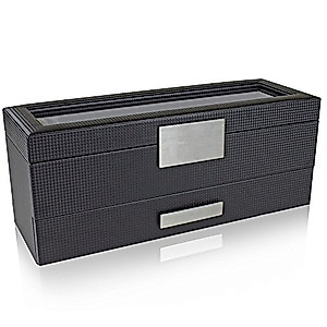 Glenor Co Watch Box with Valet Drawer for Men - 6 Slot Luxury Watch Case Display Organizer, Carbon Fiber Design -Metal Buckle for Mens Jewelry Watches, Men's Storage Holder Boxes has a Large Glass Top