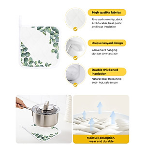 2Pack Pot Holders Cotton Heat Resistant Oven Hot Pads, Plant Potholder Machine Washable Cloth Potholders for Daily Kitchen Baking and Cooking with Hanging Loops - Green Fresh Eucalyptus Leaves