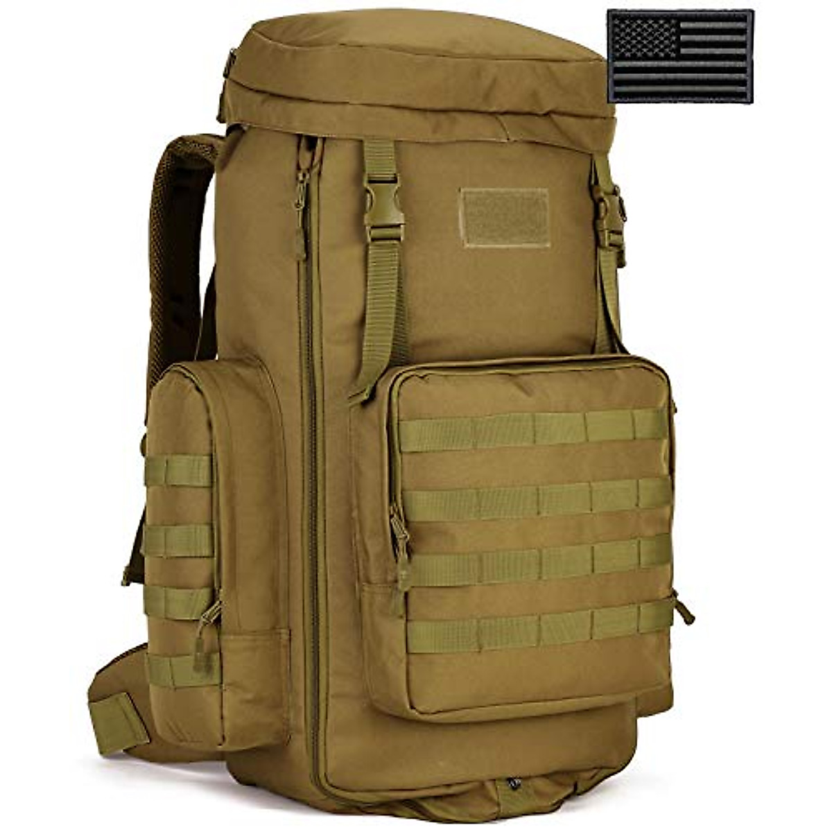 Protector Plus Tactical Hiking Daypack 70-85L Military MOLLE Assault Backpack Army Traveling Camping Pack Bug Out Bag Outdoor Rucksack (Rain Cover & Patch Included),Brown