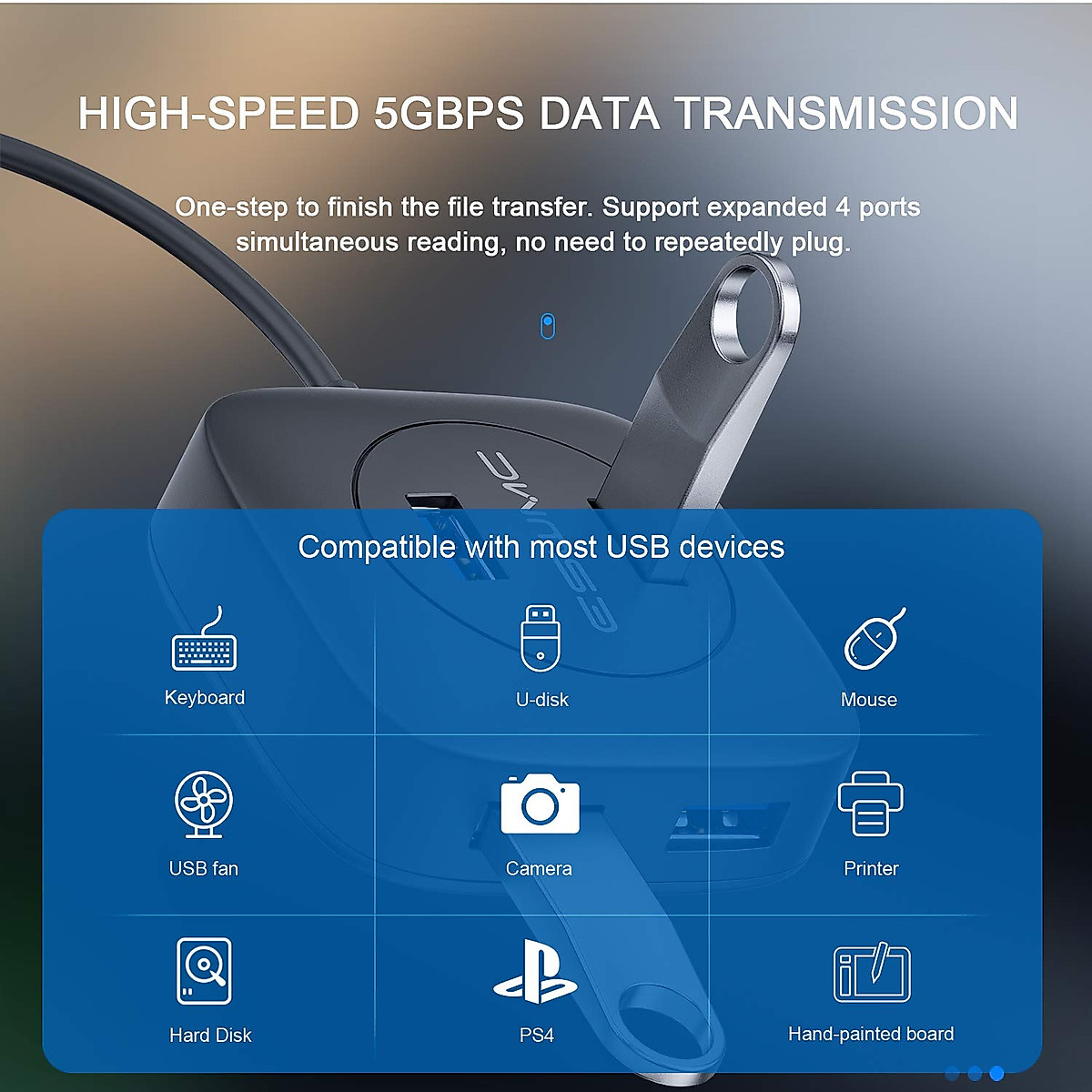 Eswmc 4-Port USB 3.0 Hub Long Cable, USB Hub with 4 ft Extended Cable with Power Supply Port[Charging Not Supported] for MacBook, Mac Mini, iMac, Surface Pro, XPS, PC, Flash Drive, Mobile HDD