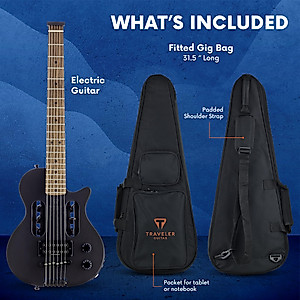 Traveler Guitar EG-1 Blackout Matte Black Electric Guitar | Small Electric Guitar with Headphone Amp | Full 24 3/4" Scale Travel Guitar | Portable Mini Guitar | Headless Guitar with Custom Gig Bag