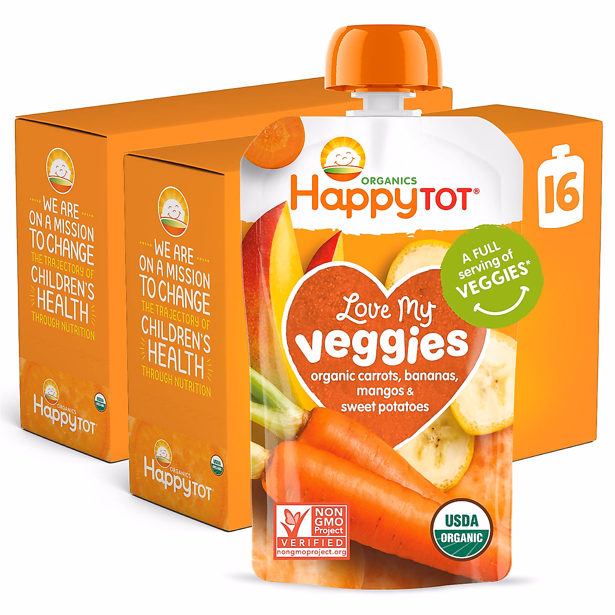 Happy Tot Organics Stage 4 Baby Food Pouches, Gluten Free, Vegan Snack, Love My Veggies, Fruit & Veggie Puree, Carrott, Banana, Mango & Sweet Potato, 4.22 Ounce (Pack of 16)