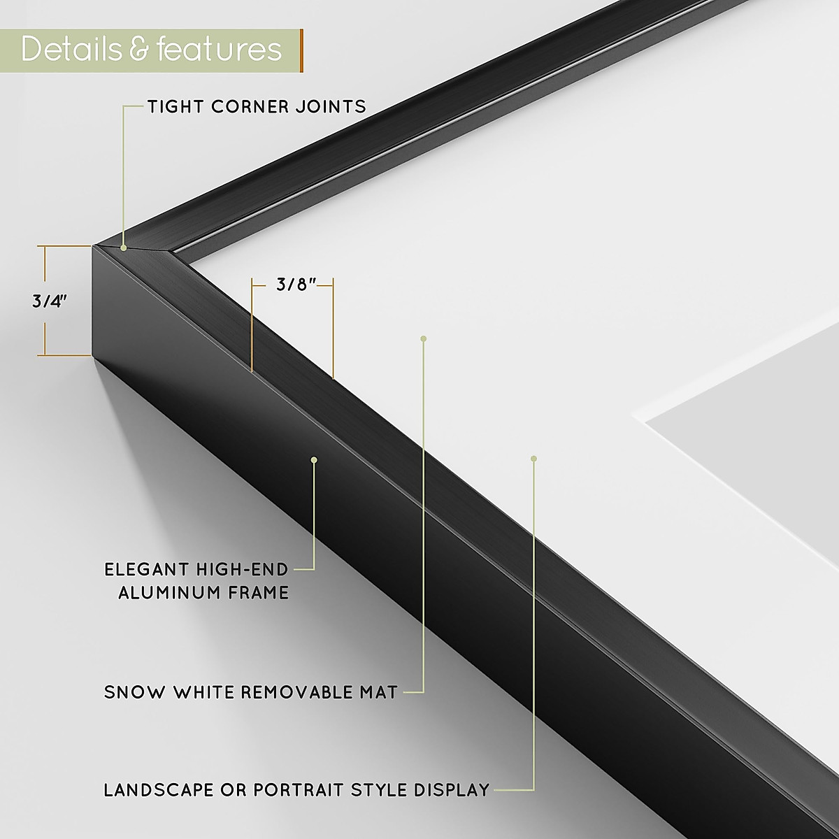 Homeforia - 11x14 inch Metal Picture Frame - 11 x 14 Aluminum Photo Frames - 8x10 Mat - Tempered Glass - Wall Hook Included - Set of 1 - Black