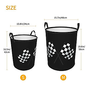Checkered Flags Race Car Flag Laundry Basket Laundry Basket with Handle Waterproof Round Oxford Cloth Laundry Basket Storage Basket