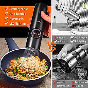 Rechargeable Automatic Salt and Pepper Grinder Set: Rechargeable Base Adjustable Coarseness Refillable Large Capacity One Hand Operated White LED Light Black Electric Spice Peppercorn Mill Shakers