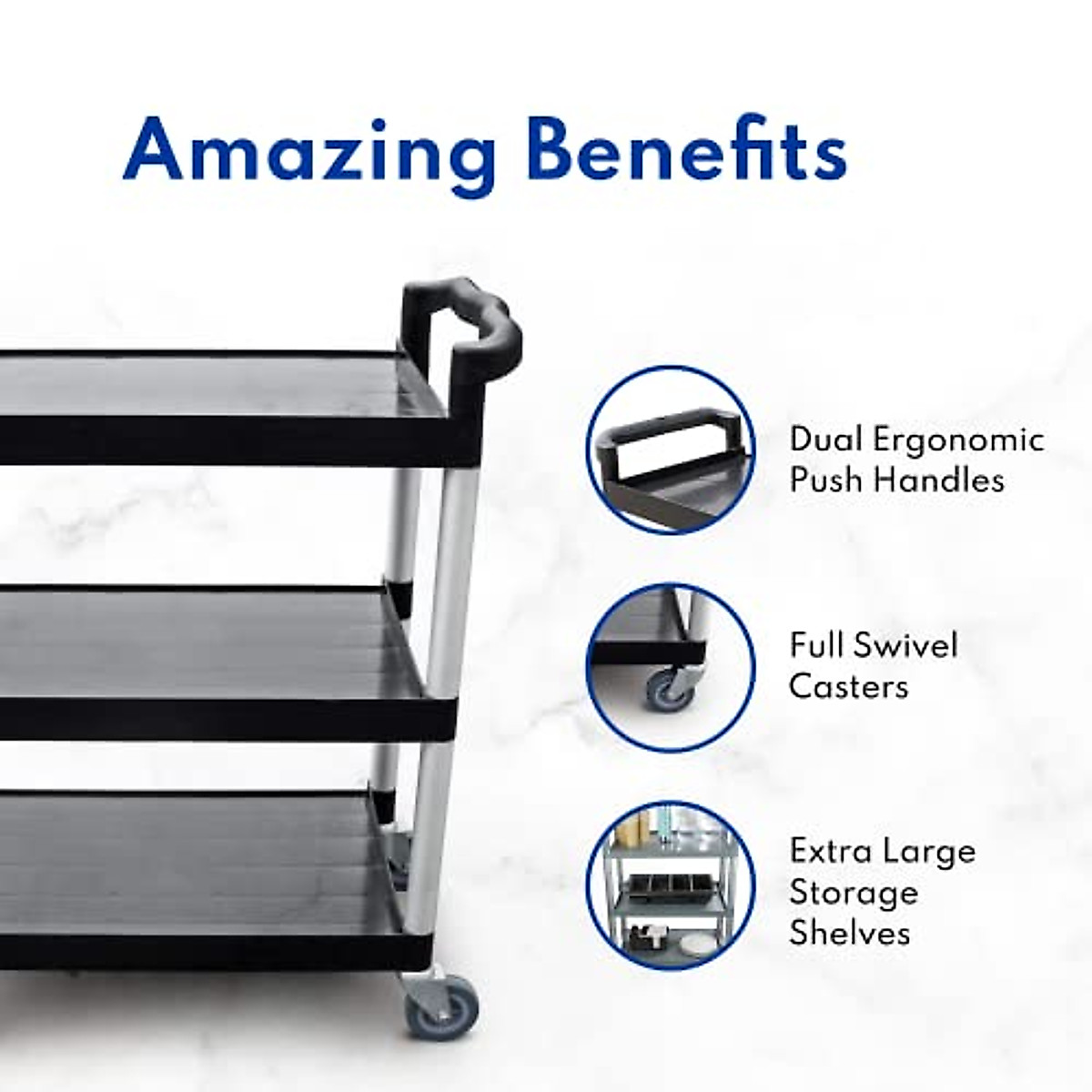 New Star Foodservice 54552 350-Pound Plastic 3-Tier Utility Bus Cart with Locking Casters, 42.5" x 19.5" x 38.5", Black