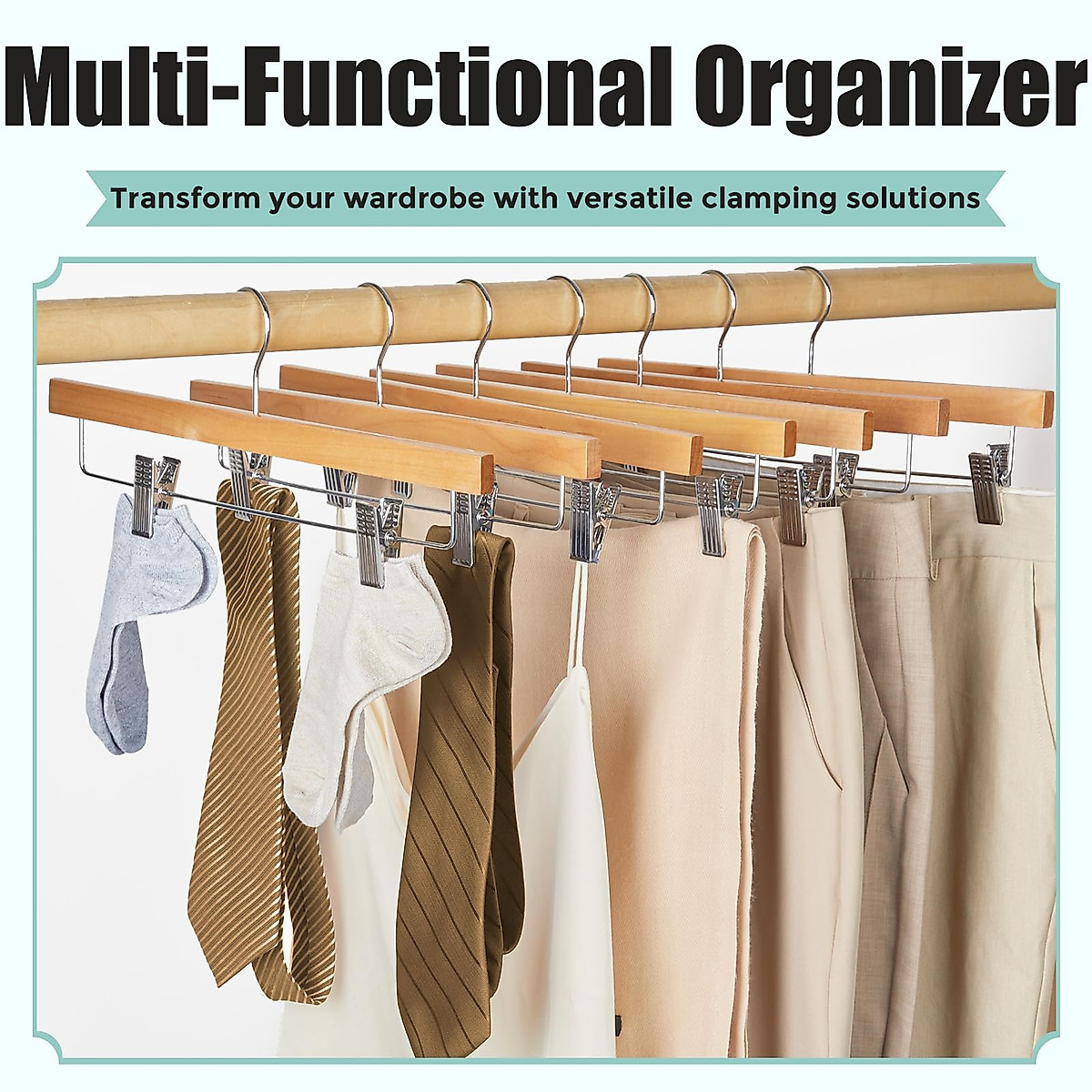 SMARTOR Wood Pants Hangers - 14inch, 20 Pack Skirt Hangers Shorts Hangers with 2-Adjustable Clips, Pants Hanger Wooden as Slack Hanger, Jeans Hangers, Trousers Hangers, Bottom Hangers - Natural