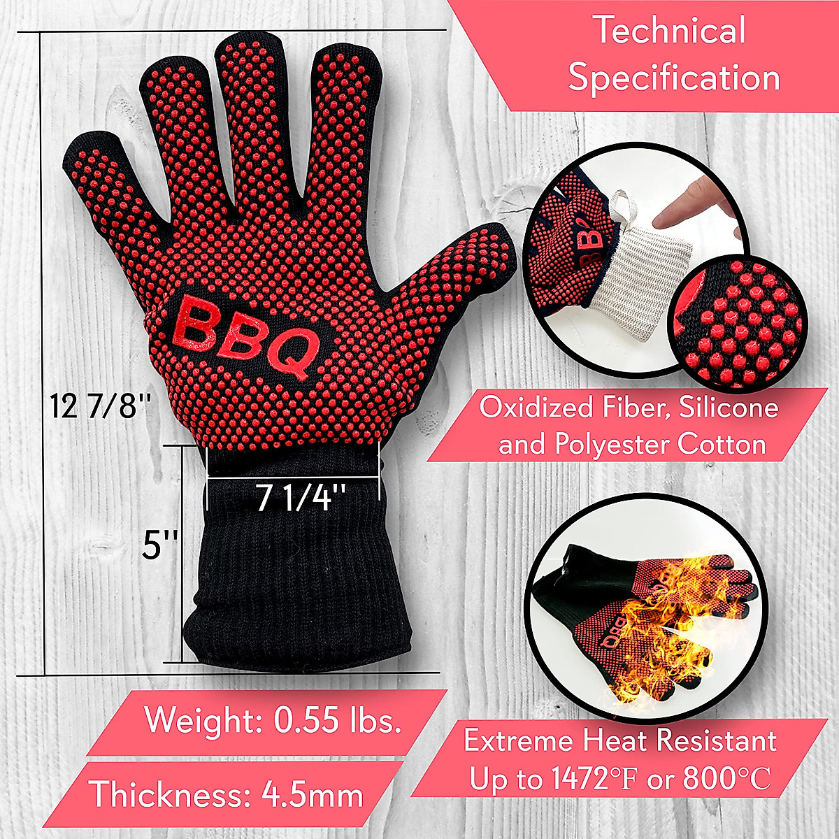 1472℉ Extreme Heat Resistant Grill Gloves - 14'' Food Grade Kitchen Oven Mitts, Silicone Non-Slip Cooking Gloves for Barbecue (Pair)