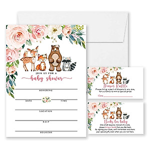 Yuzioey Girl Woodland Baby Shower Invitations, 25 Woodland Floral Invitations Macthing Envelpoes, Diaper Raffle Tickets, Book Request Cards, Forest Creatures Invitations