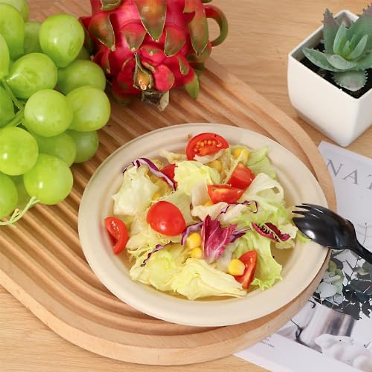 Moretoes 125 Pack 7 Inch Compostable Paper Plates, Plates Disposable Heavy Dutys, Natural Sugarcane Bagasse, Microwavable Plates Bulk (Unbleached)