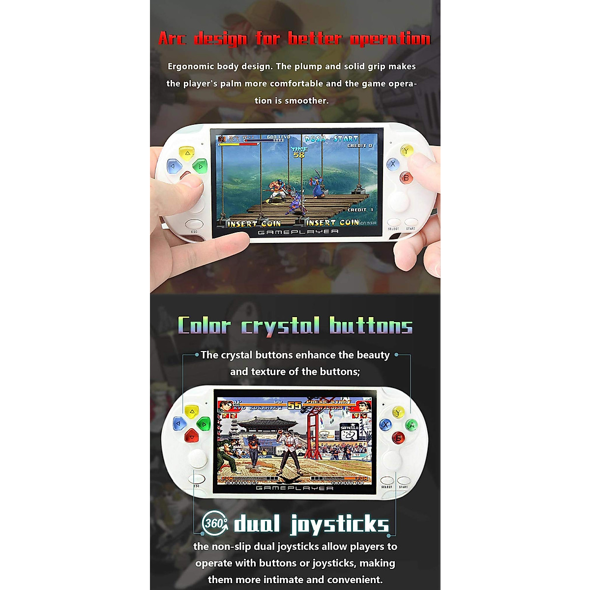 CZT 5.1-inch multi-function video game console color crystal buttons built-in 9600 games MP3MP4 lithium battery game archive AV OUT DV/DC hand-held gaming device (White)