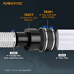 POWERTEC 70362 Dust Collection Reducer 6" OD to 4" OD with 6" Dust Control Flex Cuff