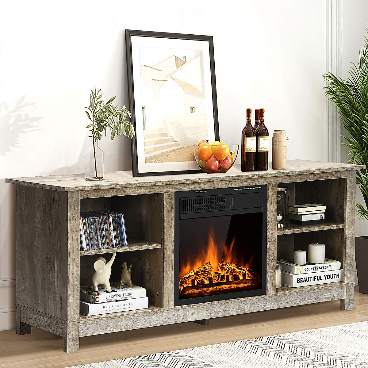 Tangkula Fireplace TV Stand for TVs up to 65 Inches, 58 Inches Media Console Table w/Fireplace, 1500W Electric Fireplace Stove TV Storage Cabinet w/Remote Control, Adjustable Brightness & Heat