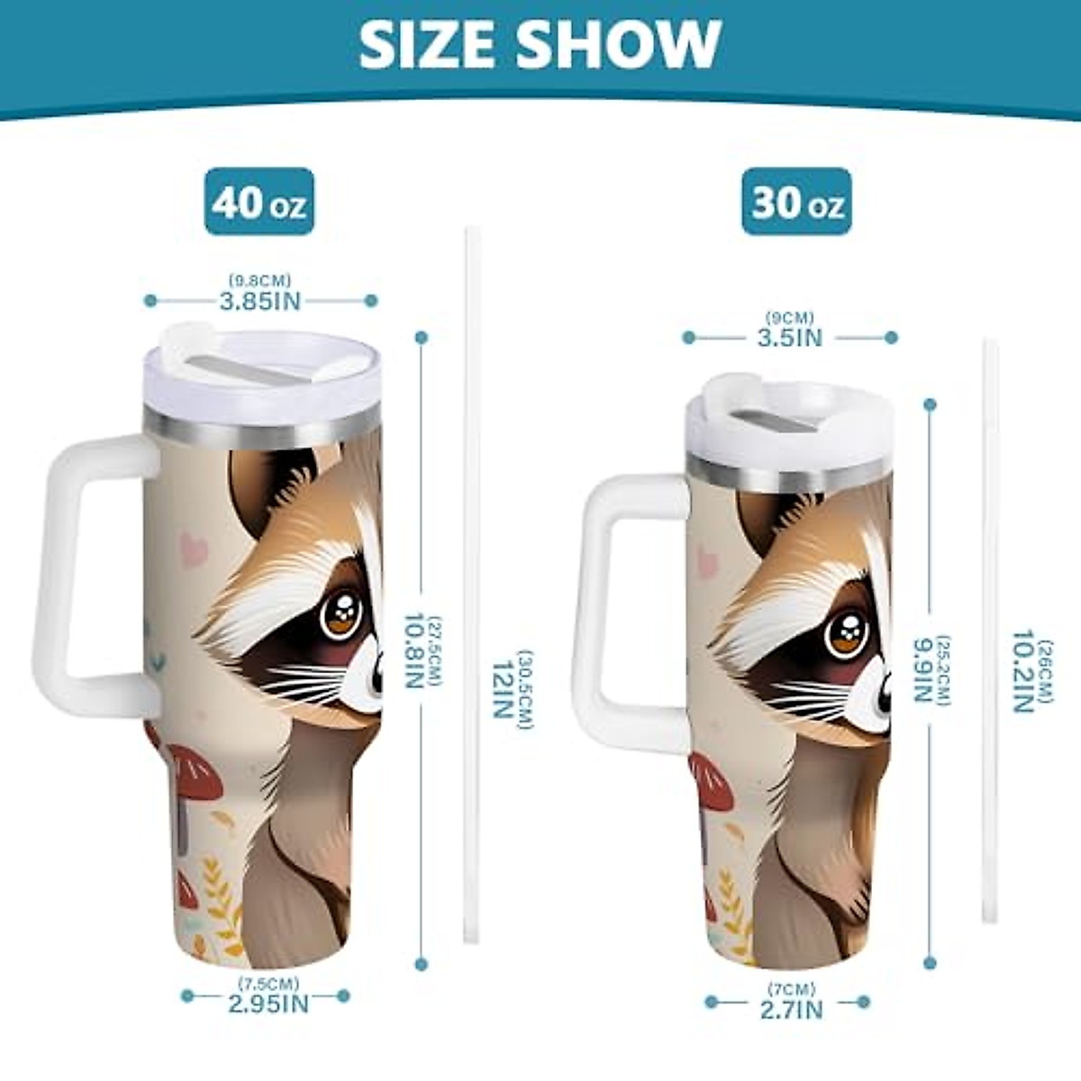 Cartoon Raccoon Tumbler with Handle and Straw 30-40 Lid Cup Holder Compatible for Travel Insulated Stainless Steel Cup Food Grade PP Gifts for Him Her BPA-free