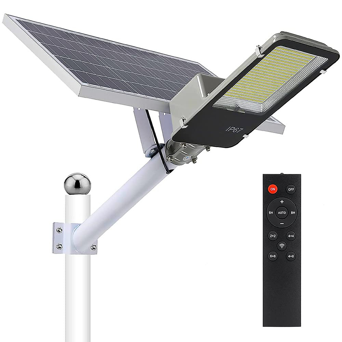 WEAFIEO 450W Solar Street Light, Dusk to Dawn LED Solar Flood Light with Motion Sensor, Remote Control and Pole, Super Bright 6500K Waterproof Solar LED Outdoor Garden Light, Garden, Street