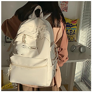 IECSHDU Kawaii Aesthetic Laptop Backpack Large Capacity Casual Daypack Cute Plush Pendant Simple Design Laptop Bag Supplies (Beige/White)