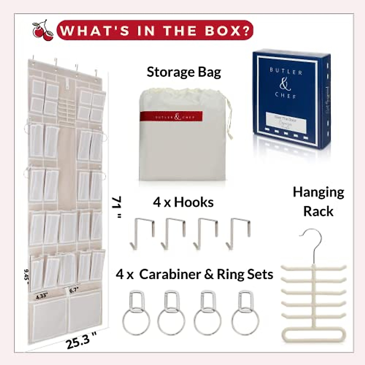 BC BUTLER & CHEF Over Door Shoe Organizer Extra Large With 51 Pockets - With Hanging Rack Rings & Storage Accessories - For Behind Back of Door or Closet, Strong 800D Fabric, Wall Mountable, Holder