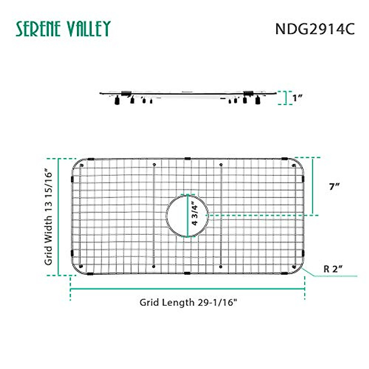 Serene Valley Sink Bottom Grid 29-1/16" X 13-15/16", Centered Drain with Corner Radius 2", NDG2914C