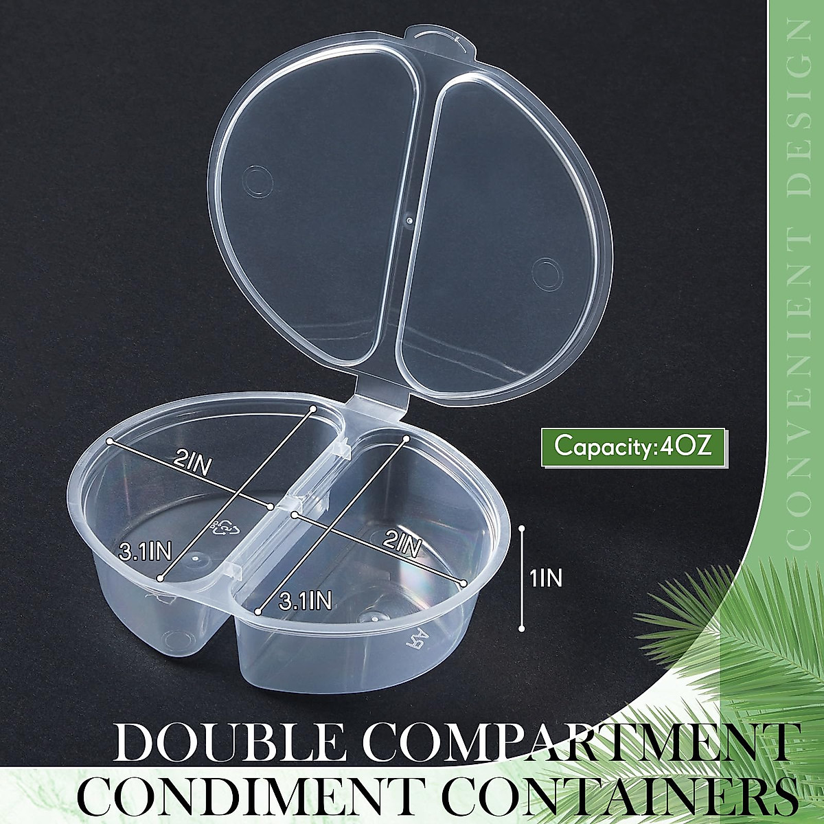 Blushtier 100 Pcs 4 oz Snack Containers Clear Disposable 2 Compartment Snack Containers, Double Compartment Condiment with Lid, Plastic Condiment for Sauce, Candy, Salad Dressing, Travel