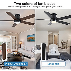POCHFAN 52 Inch Black Ceiling Fans with Lights and Remote, LED Low Profile Flush Mount Ceiling Fan for Bedroom, Living Room, with Quiet DC Motor, Dimmable 6 Speeds