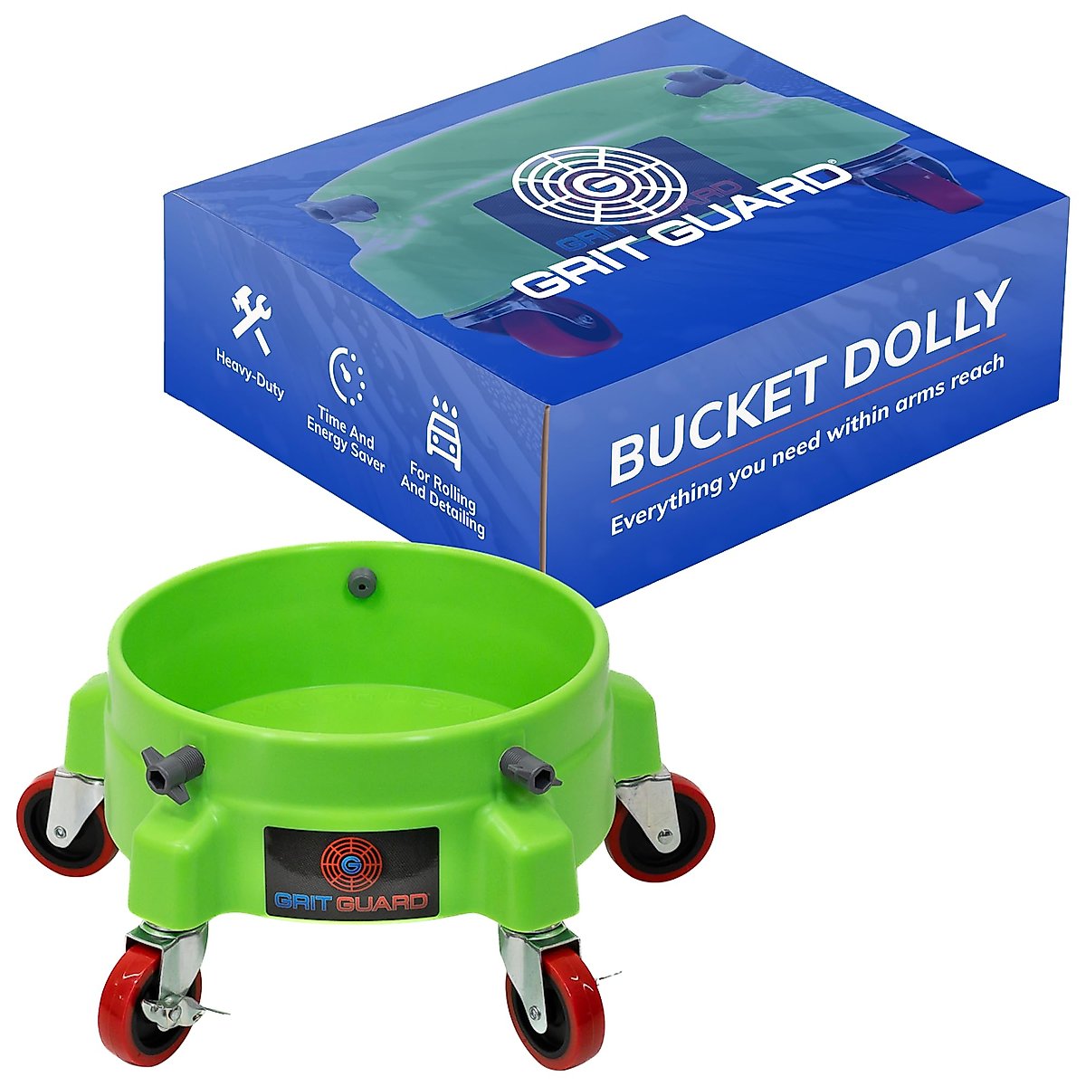 GRIT GUARD Bucket Dolly with Wheels - Rolling Detailing Wash Bucket with 5 Wheels and 2 Locking Casters Compatible with 2.5, 4, 5 and 6 Gallon Buckets (Green, 3" Red Casters)