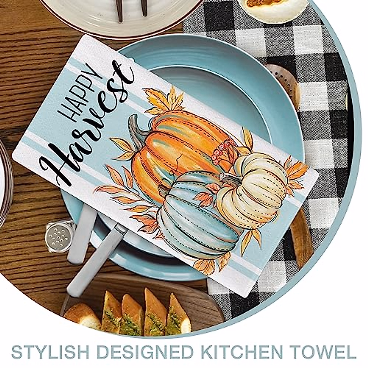 Seliem Thanksgiving Give Thanks Fall Kitchen Dish Towels Set of 2, Happy Harvest Autumn Pumpkin Hand Towels Drying Baking Cooking Cloth, Maple Leaves Stripes Farmhouse Home Kitchen Decor 18x26 Inch