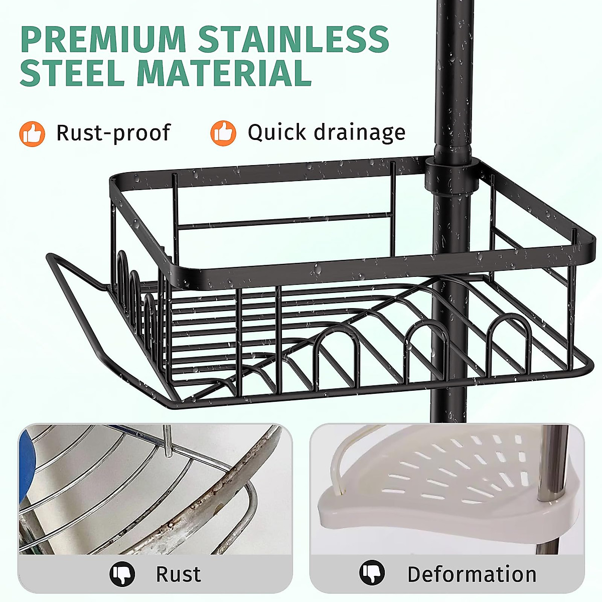 ksdenuov Corner Shower Caddy Tension, Adjustable 34-101 Inches Shower Caddy Tension Pole, 4-Tier Rust-Resistant Freestanding Shower Caddy With Rod, Suitable for Bathtub and Shower Organizer - Black
