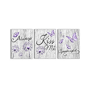Kalormore Bedroom Picture Decoration Fancy Purple Dandelion Butterfly with Elegant Always Kiss Me Goodnight Painting Rustic Grey Wooden Textured Giclee Canvas Wall Art Decor Ready to Hang
