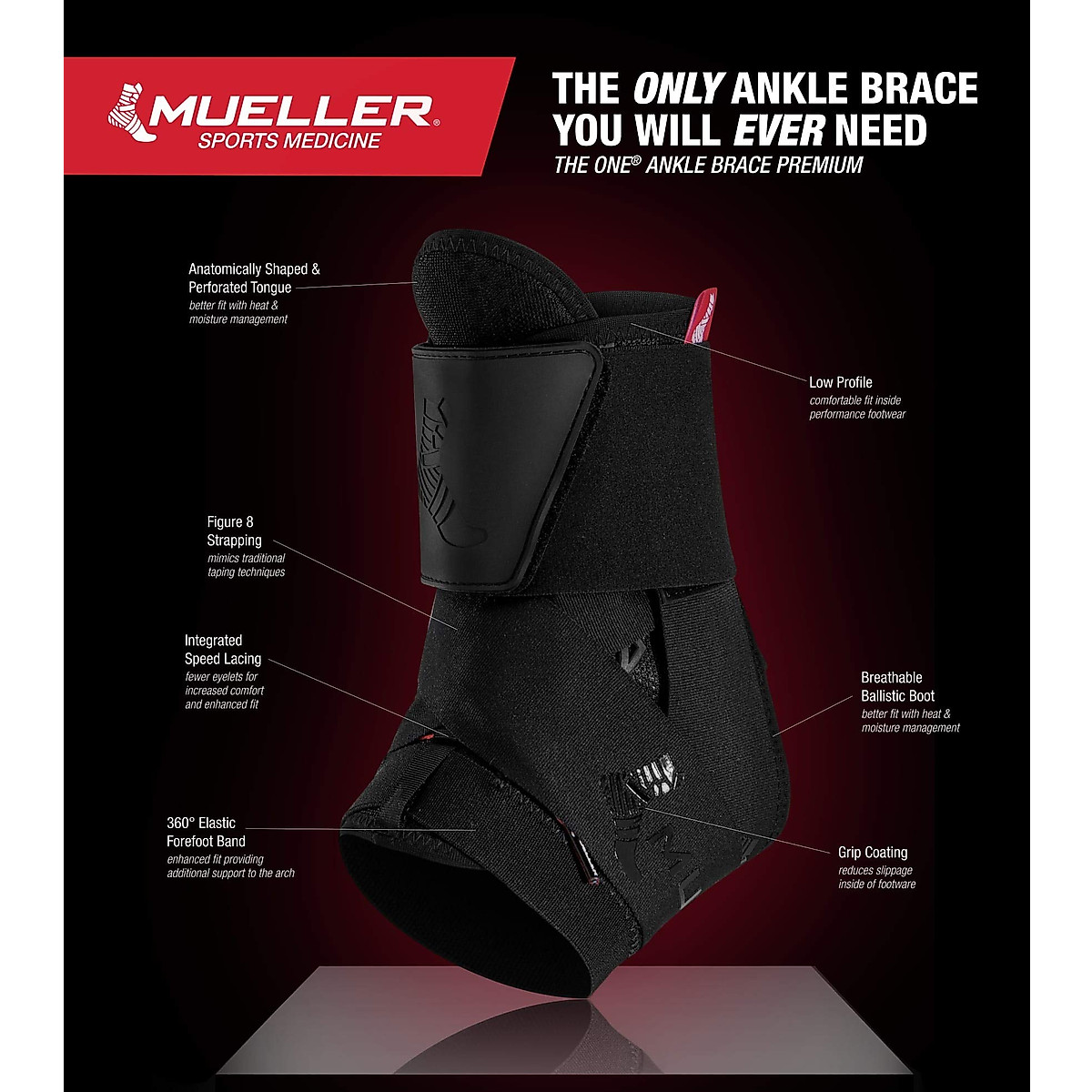 MUELLER Sports Medicine The One Ankle Brace Premium, Ankle Pain Relief Support for Men and Women, Ideal for Sprains, Strains, Arthritis, Black, Medium