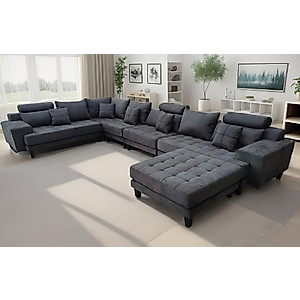Stendmar 5-Piece L Shape/U Shape Living Room High Back with Headrest Reversible Contemporary Dark Grey Microfiber Fabric Sectional Couch Sofa Set S150D5A