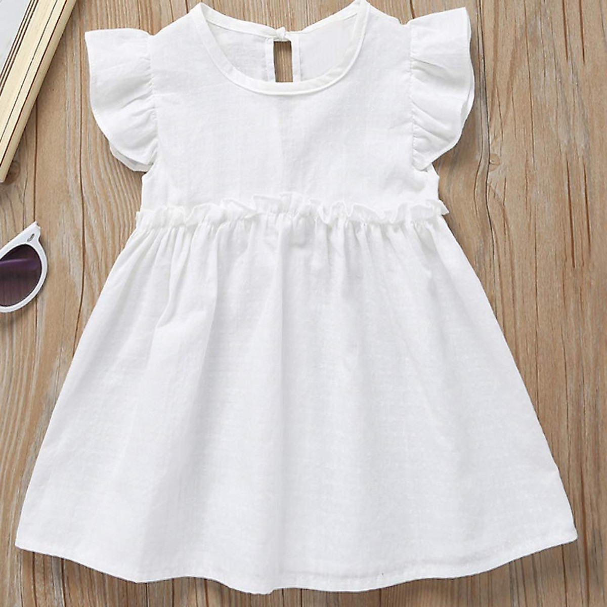 Niyage Baby Toddler Girls Cotton Flutter Sleeve Pleated Tunic Dress Swing Casual Playwear White 90